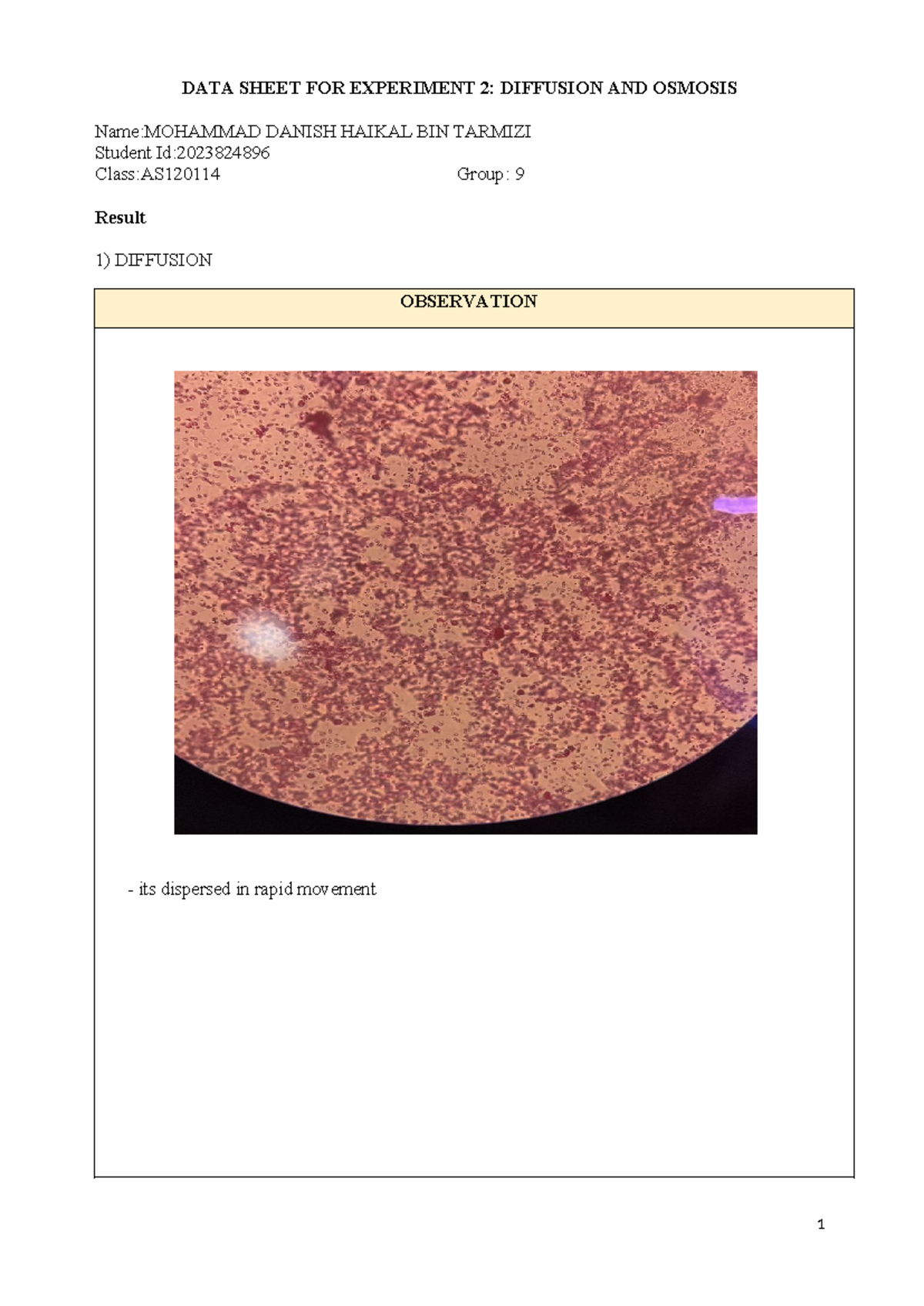 2.2 DATA Sheet FOR Experiment 2- Diffusion AND Osmosis (FOR Students ...