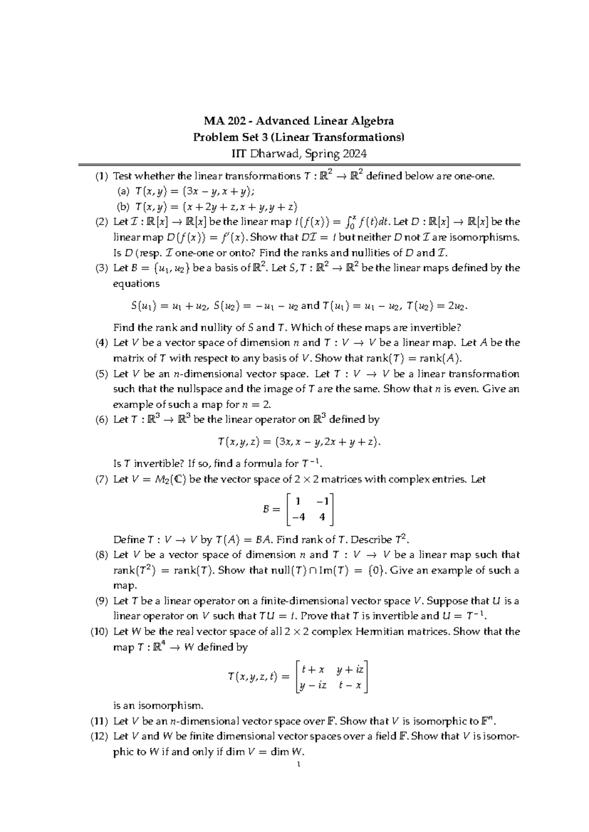 Problem Set-03 - Practice 3 - MA 202 - Advanced Linear Algebra Problem Set 3 (Linear - Studocu