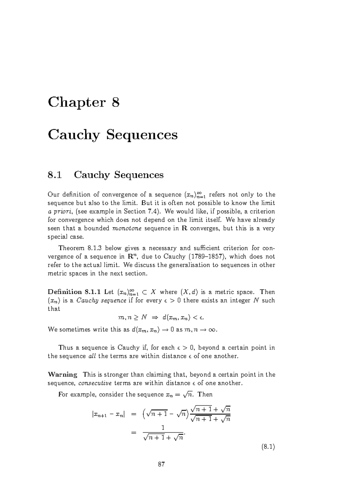 8-cauchy sequences - sem 5 Mathematical analysis - Chapter 8 Cauchy Sequences 8 Cauchy Sequences ...