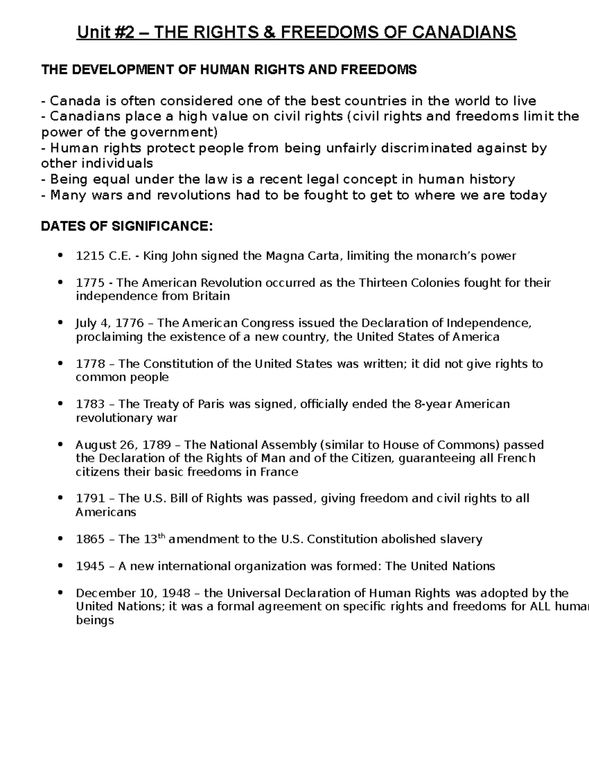 1.3 - history of rights and freedoms - Unit #2 – THE RIGHTS & FREEDOMS ...