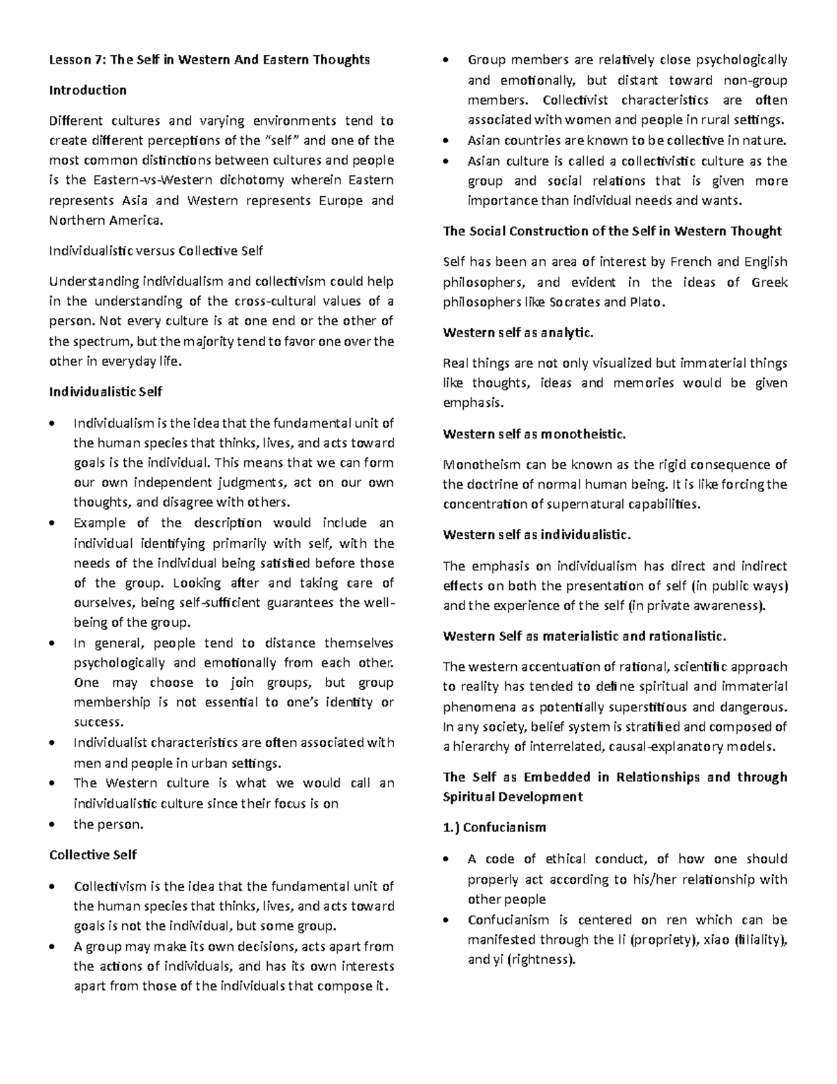 UTS Lesson-7,10,11 - Lesson 7: The Self in Western And Eastern Thoughts ...