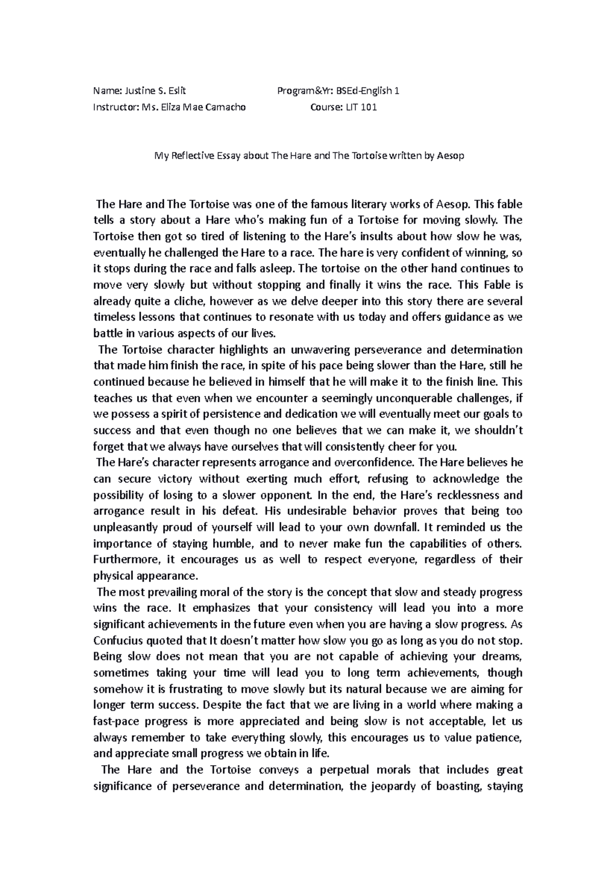 Reflective Essay - Name: Justine S. Eslit Program&Yr: BSEd-English 1 ...