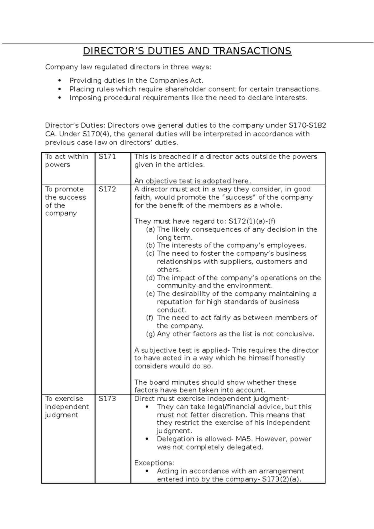 Director duties - DIRECTOR’S DUTIES AND TRANSACTIONS Company law ...