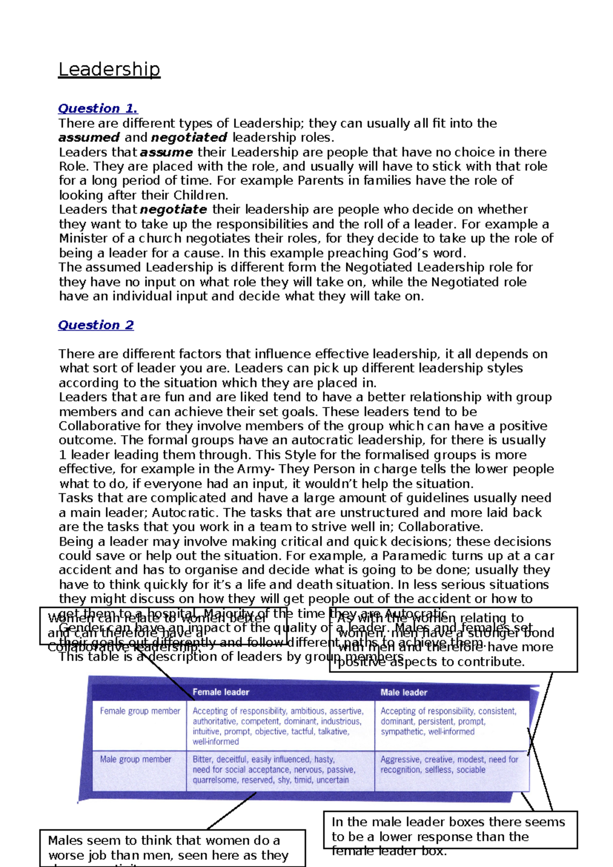 CAFS Notes - Leadership - Leadership Question 1. There are different ...