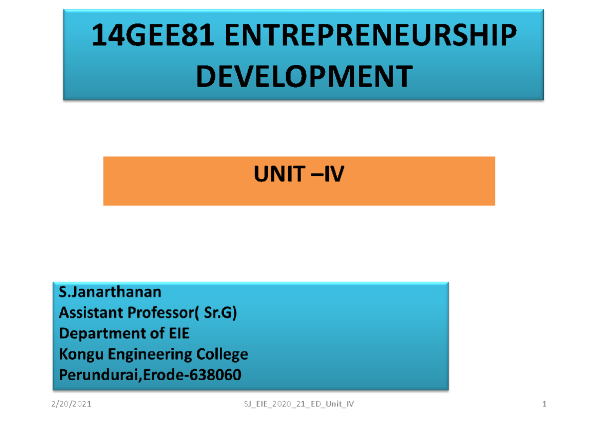 2020 14GEE81 Unit IV - Unit 4 Materials - 14GEE81 ENTREPRENEURSHIP ...