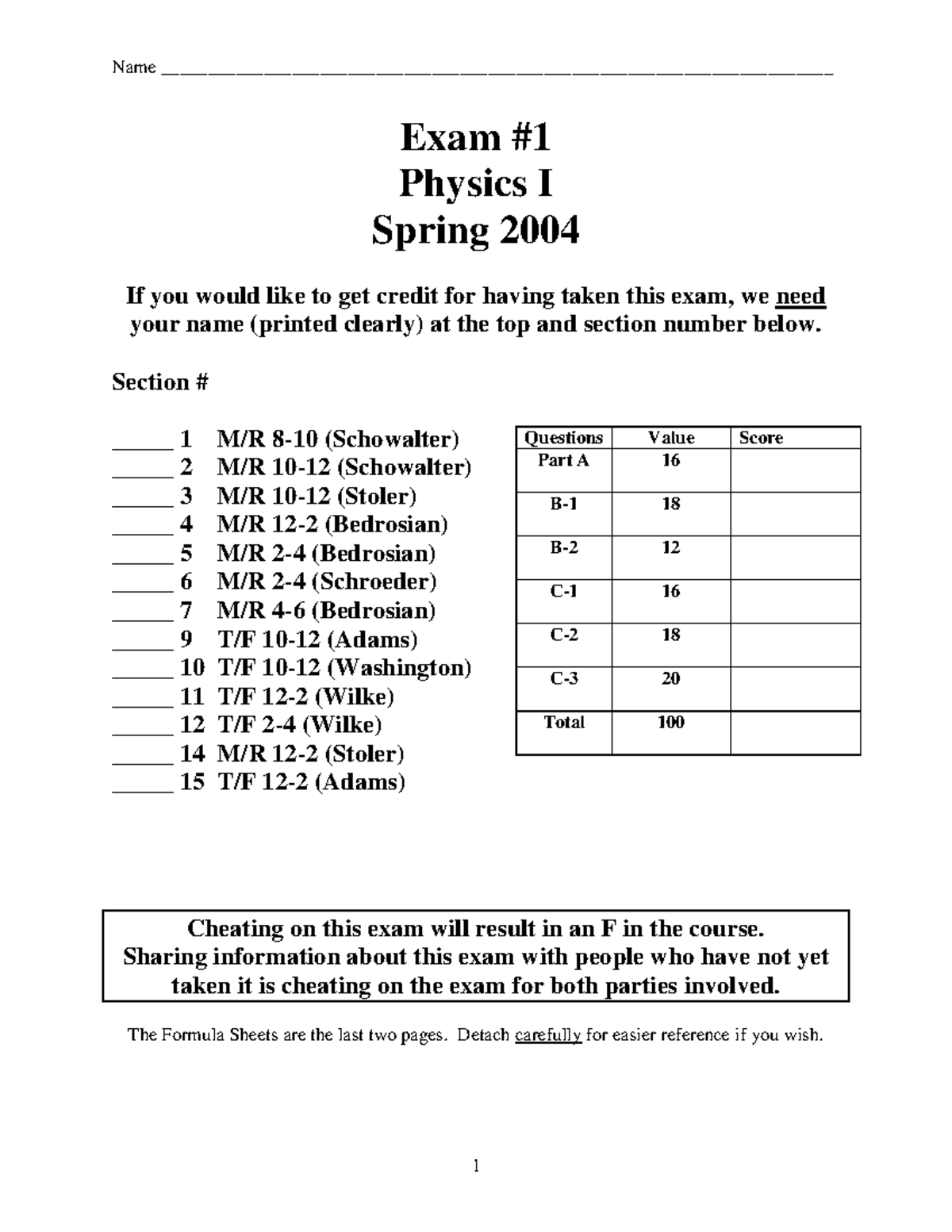 Exam1-S04 - back exam fo study purposes - Exam Physics I Spring 2004 If ...