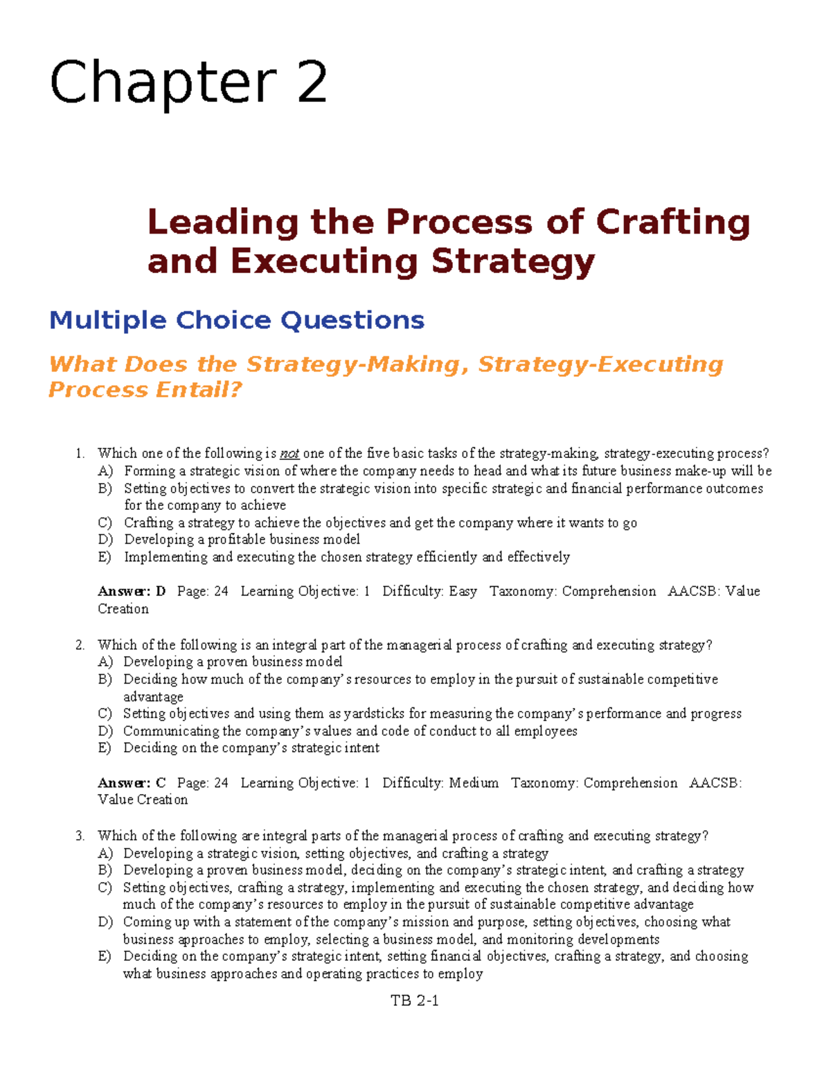 Chap002 - very good mcq - Chapter 2 Leading the Process of Crafting and Executing Strategy ...