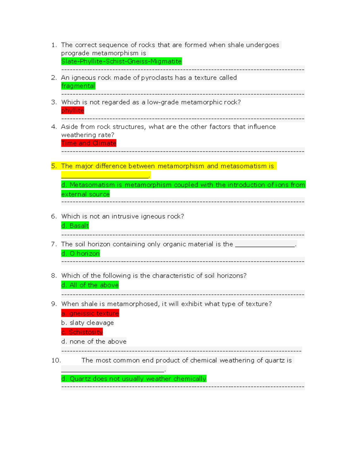 Long-quiz - Task performance - The correct sequence of rocks that are ...