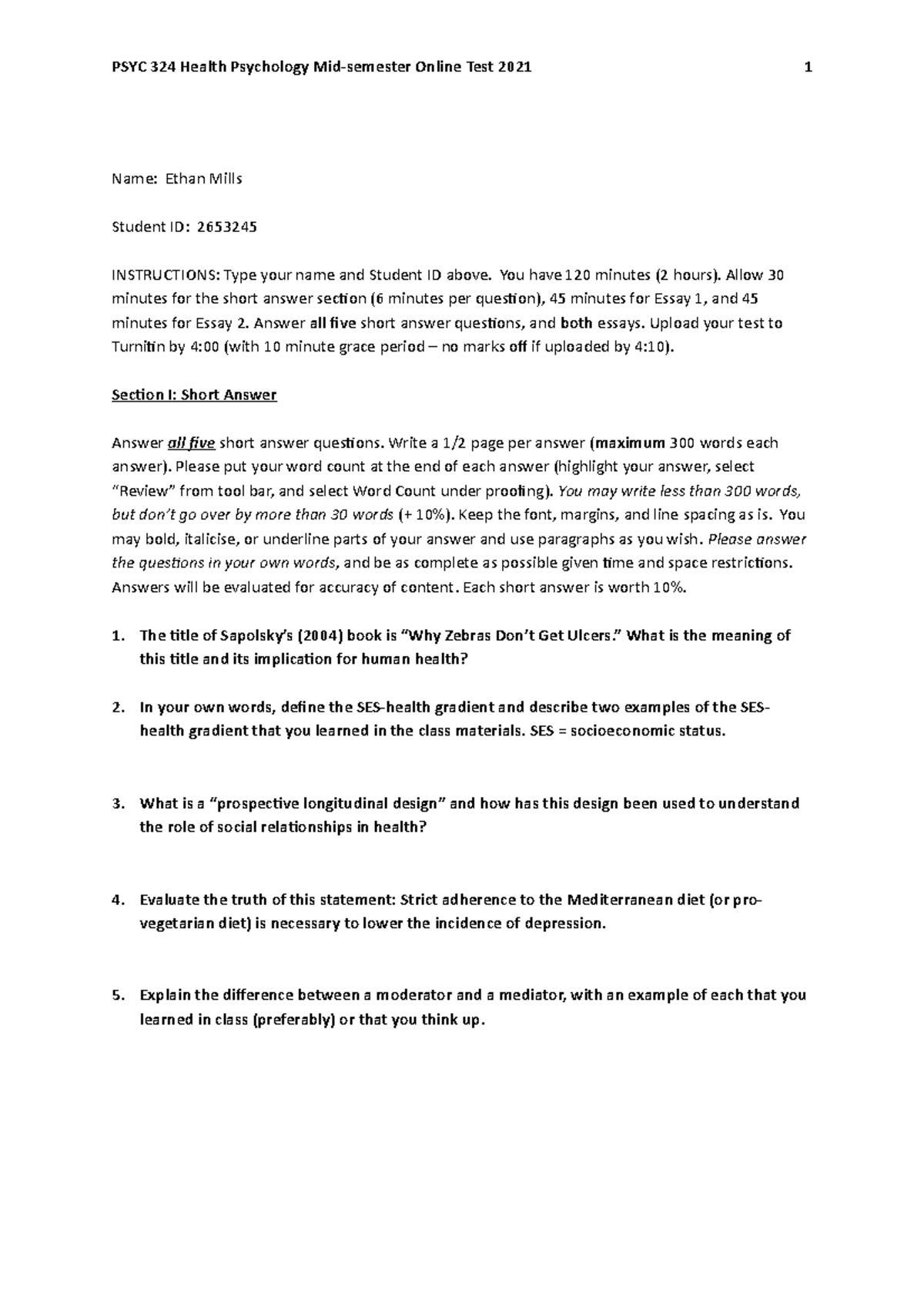 2021 - PSYC 324 online test copy - Health Psychology - University of ...