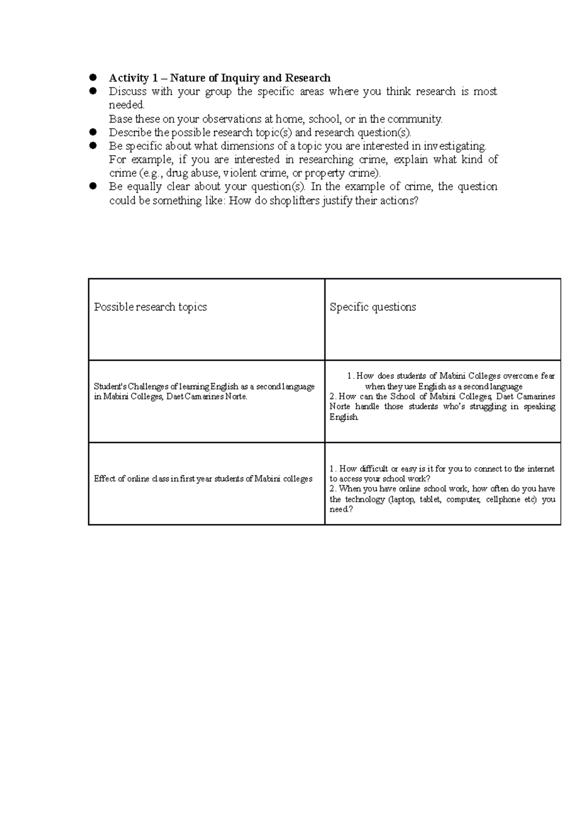 Activity 1 – Nature of Inquiry and Research - Activity 1 – Nature of ...
