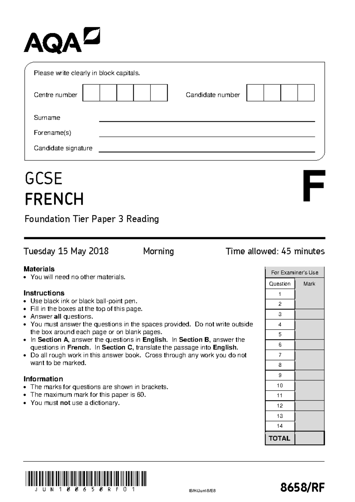 Question paper (Foundation) Paper 3 Reading - June 2018 - Jun188658RF01 ...
