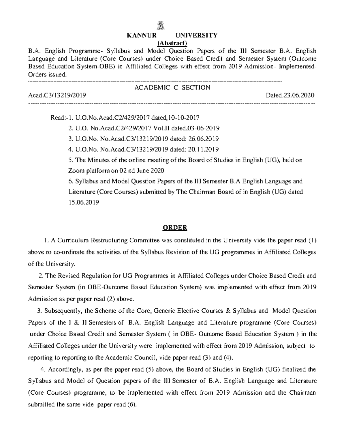 U.O Syllabus III Semester B - KANNUR UNIVERSITY (Abstract) B. English ...