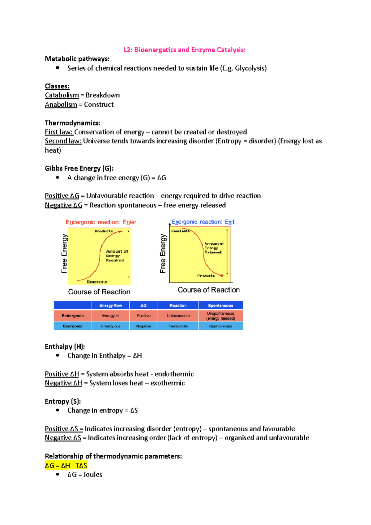 Metabolic notes - L2: Bioenergetics and Enzyme Catalysis: Metabolic ...