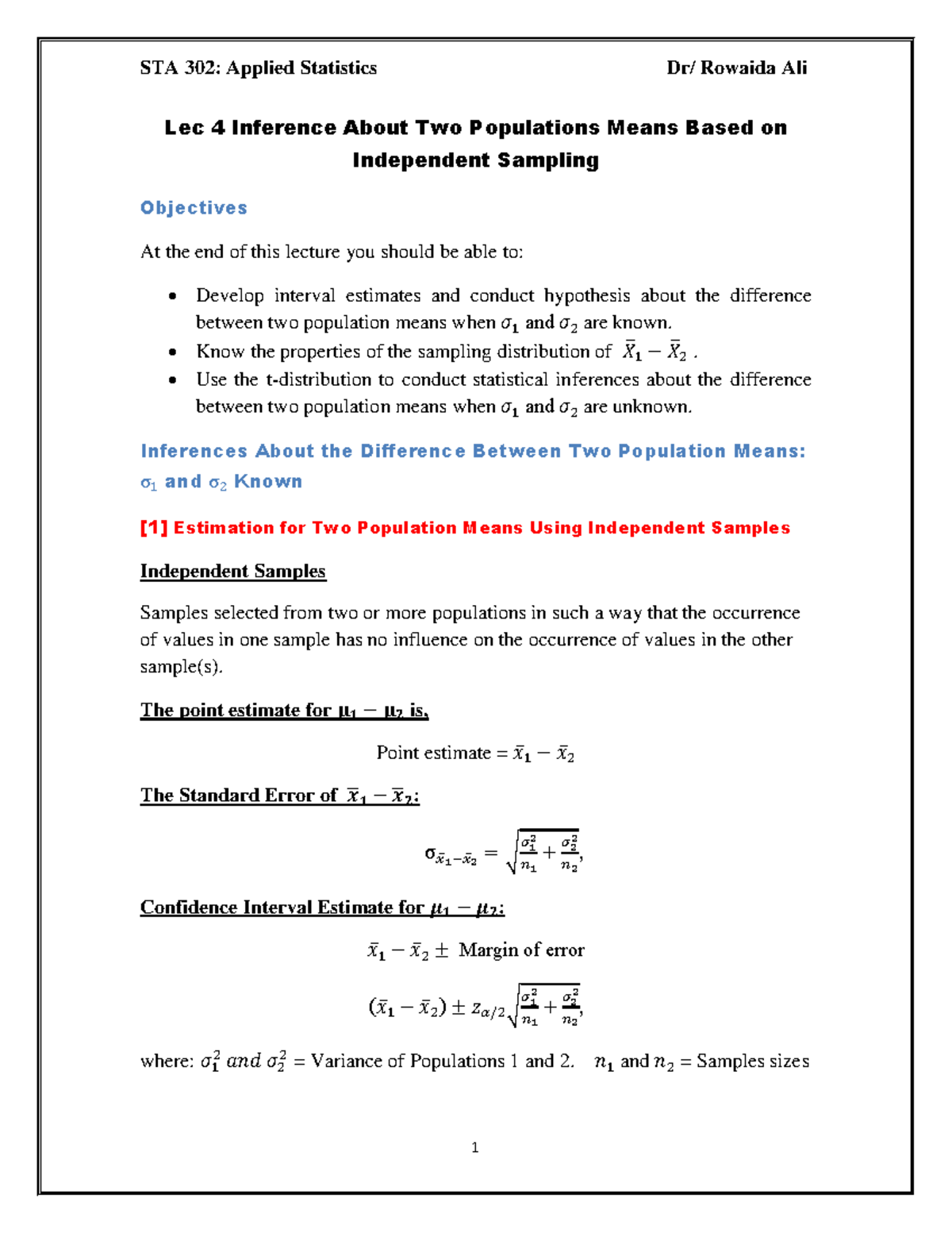 STA 302 Lec 4 Inference About Two Populations Means Based on Independent Sampling - Lec 4 ...