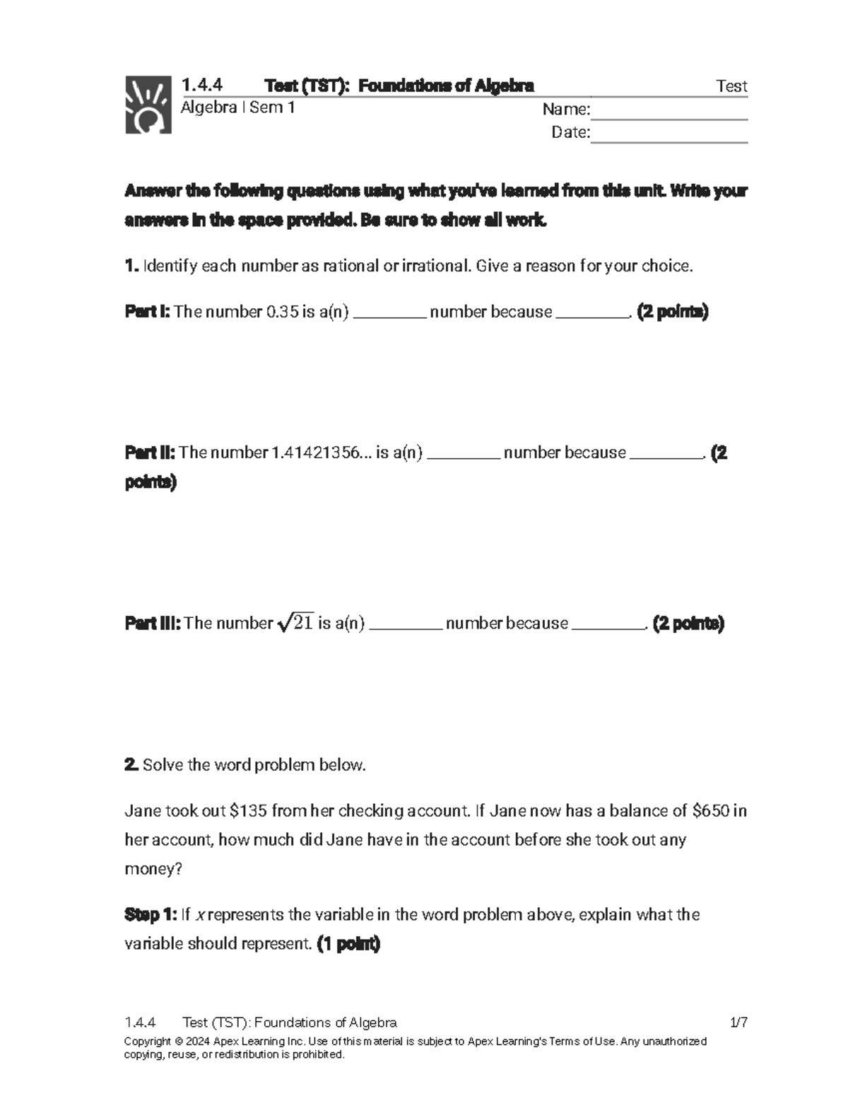 1.4.4 Test (TST) - Foundations of Algebra (Test) - Test (TST ...