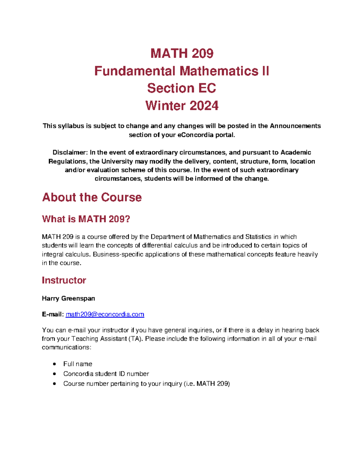 MATH209 outline - MATH 209 Fundamental Mathematics II Section EC Winter ...