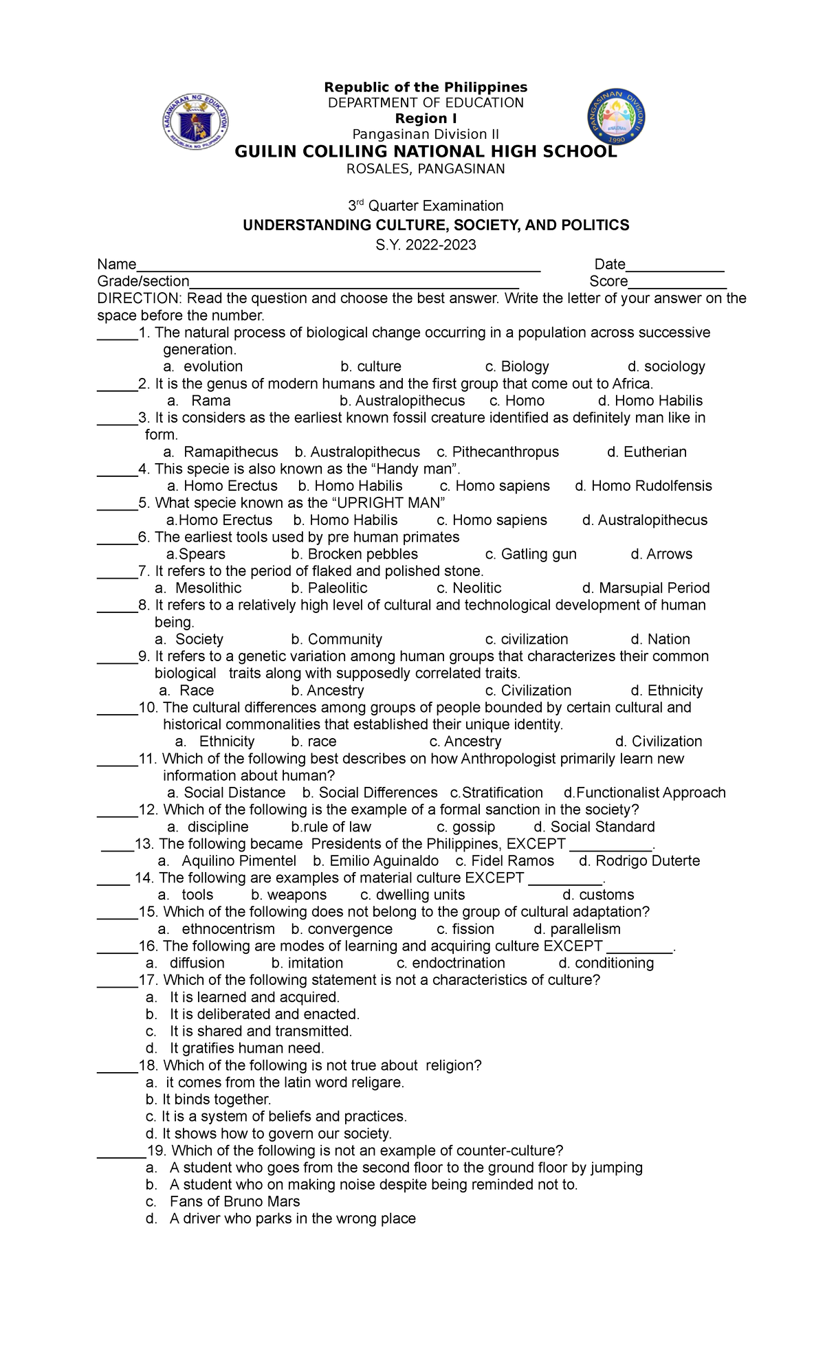 Ucsp test paper 1st semester - Republic of the Philippines DEPARTMENT ...