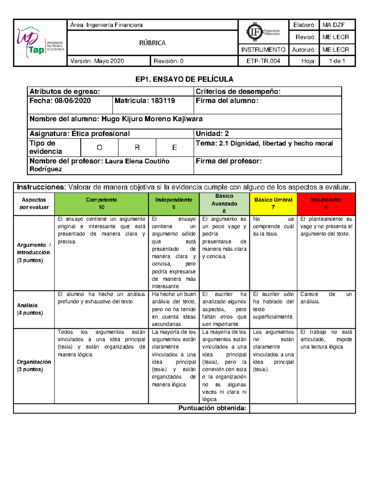 EP1.Rúbrica-ensayo-primer Hugo Kajiwara - Warning: TT: undefined function: 32 Warning: TT ...