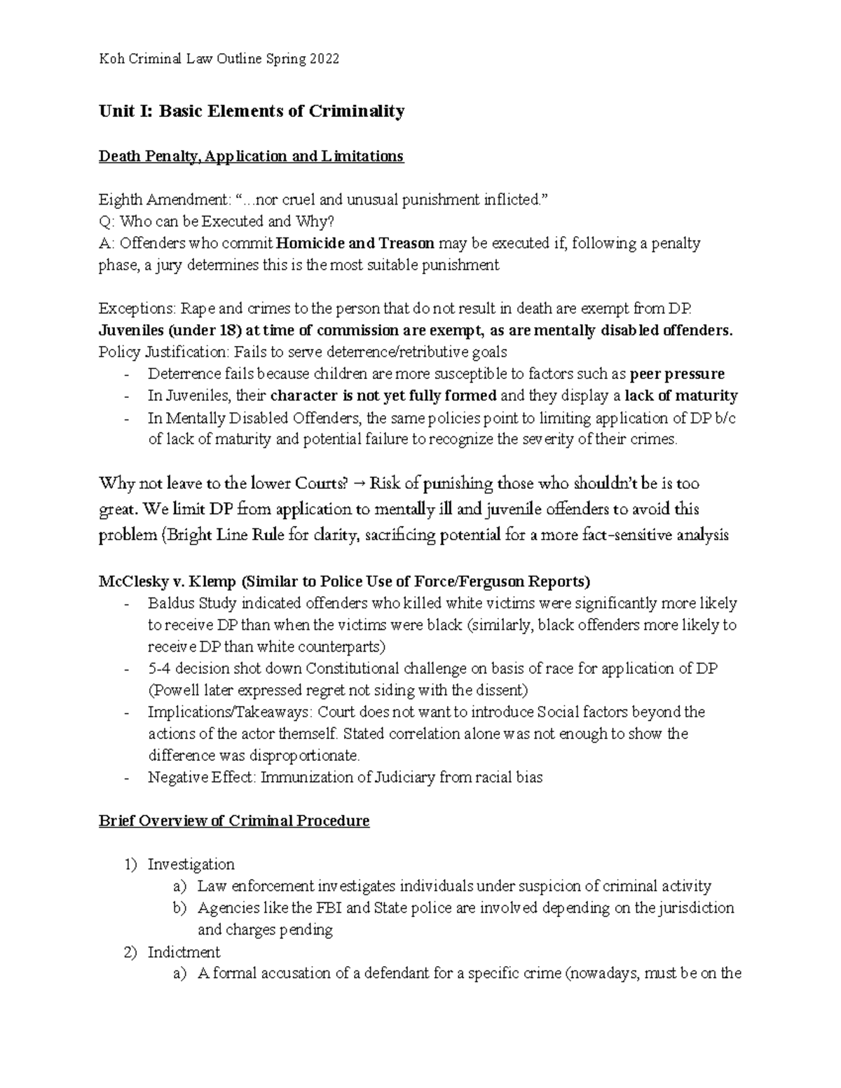 Criminal Law Outline - Unit I: Basic Elements of Criminality Death ...