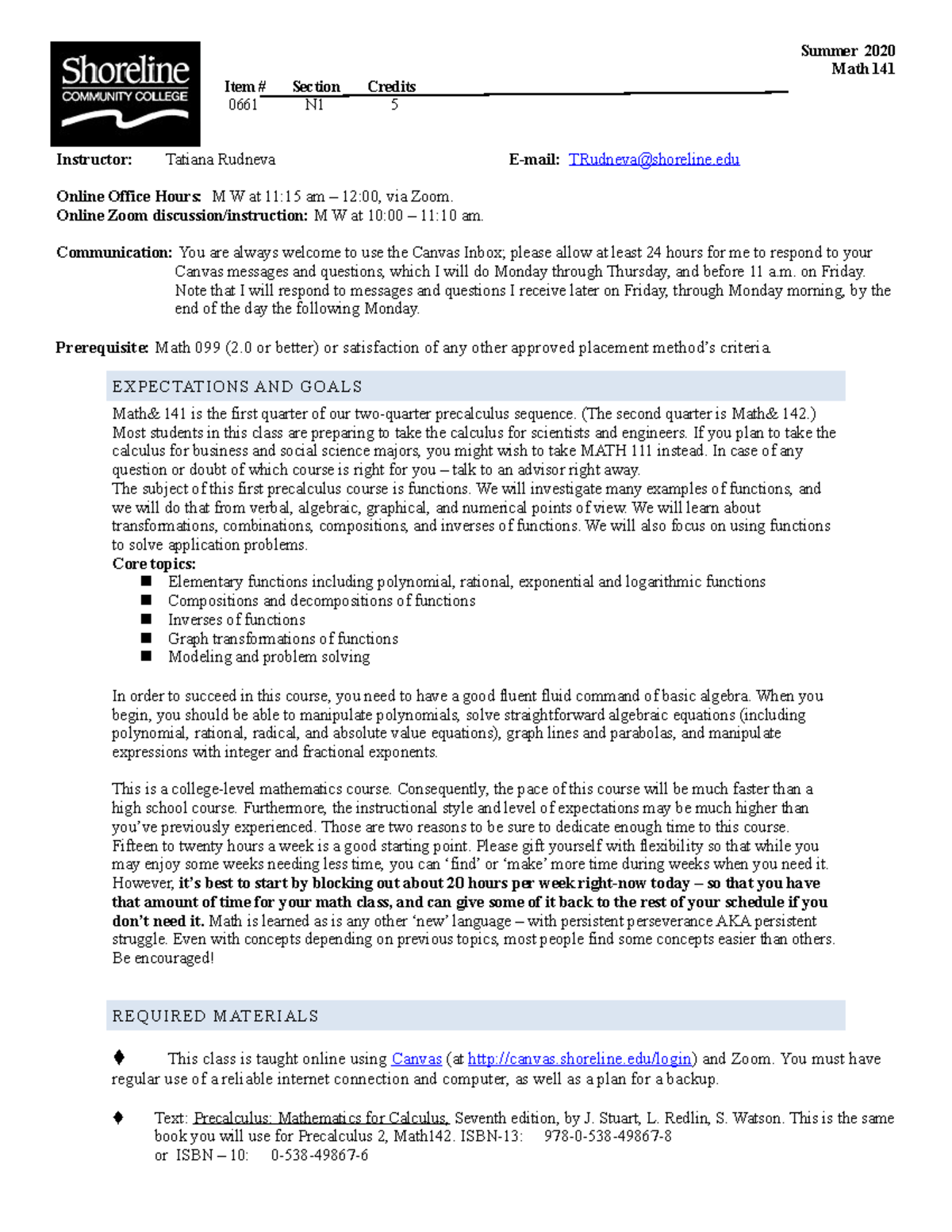 Syllabus MATH 141 Rudneva Summer 20 - Summer 2020 Math 141 Item ...