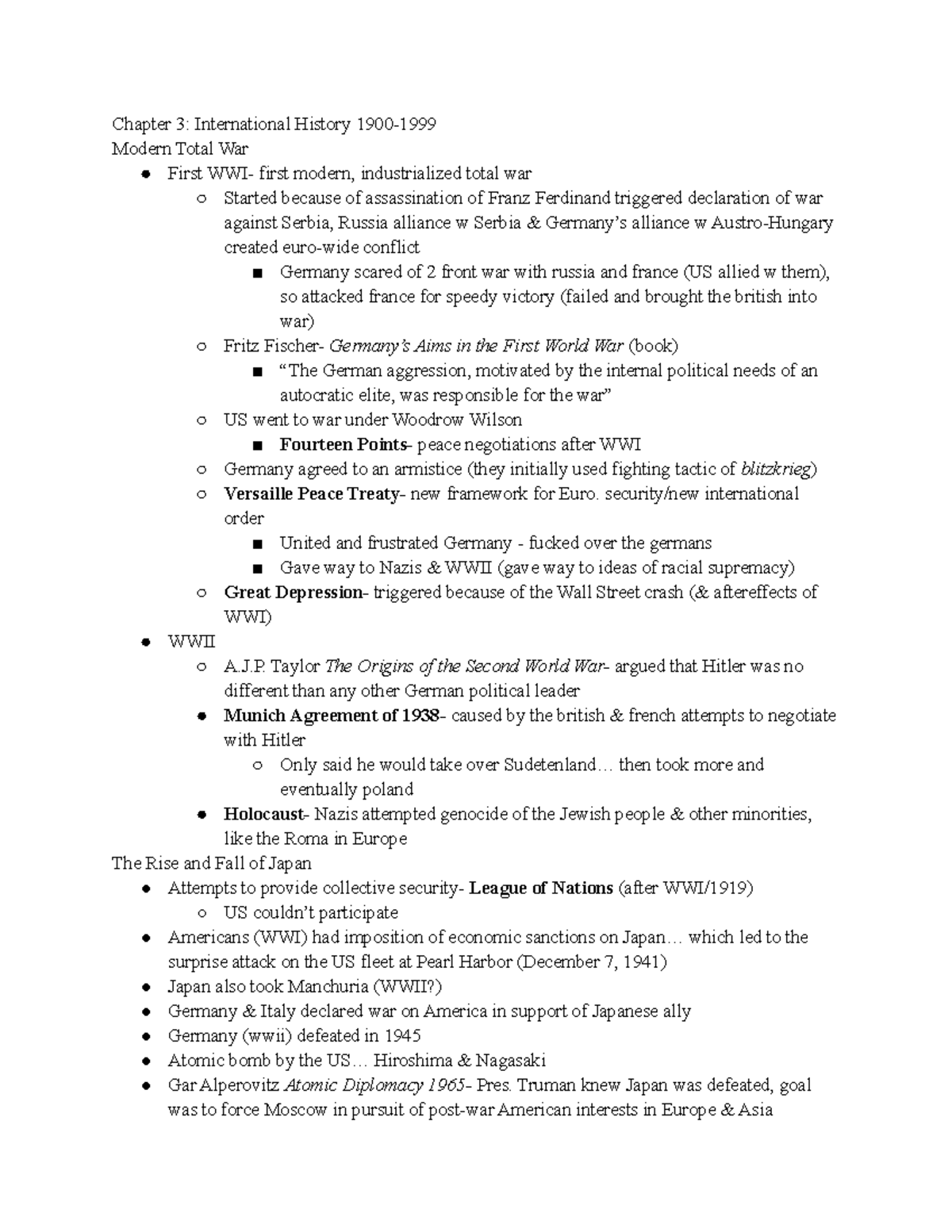 Chapter 3 - lecture notes - Chapter 3: International History 1900 ...