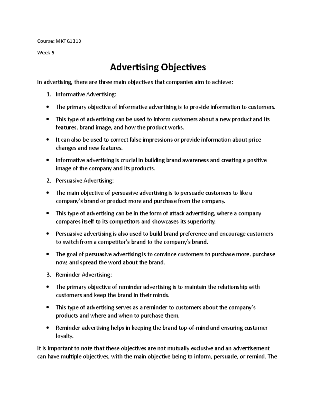 Advertising Objectives Types - Course: MKTG Week 9 Advertising ...