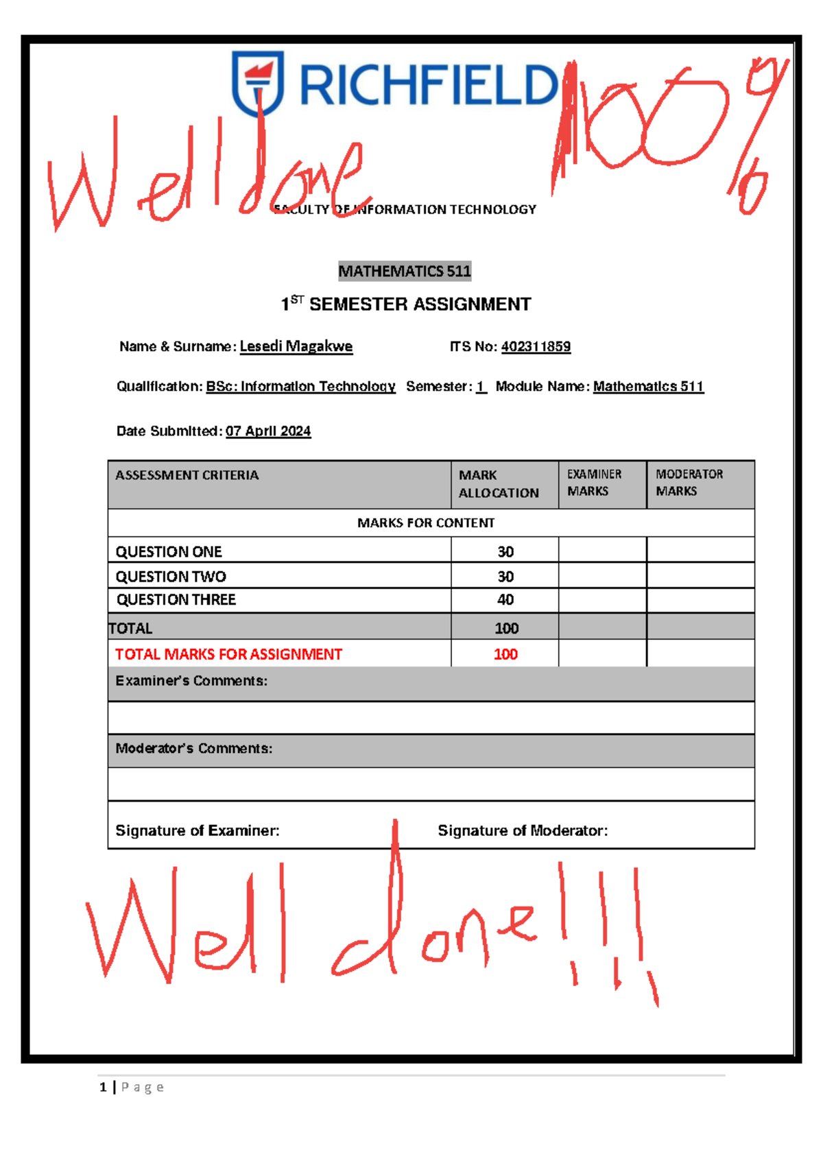 Assignment Memo - FACULTY OF INFORMATION TECHNOLOGY MATHEMATICS 511 1 ...