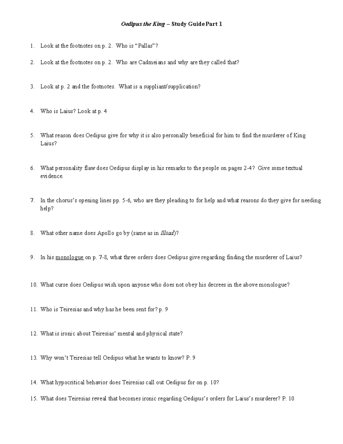 Oedipus Study Guide Part 1 - Oedipus the King – Study Guide Part 1 Look ...