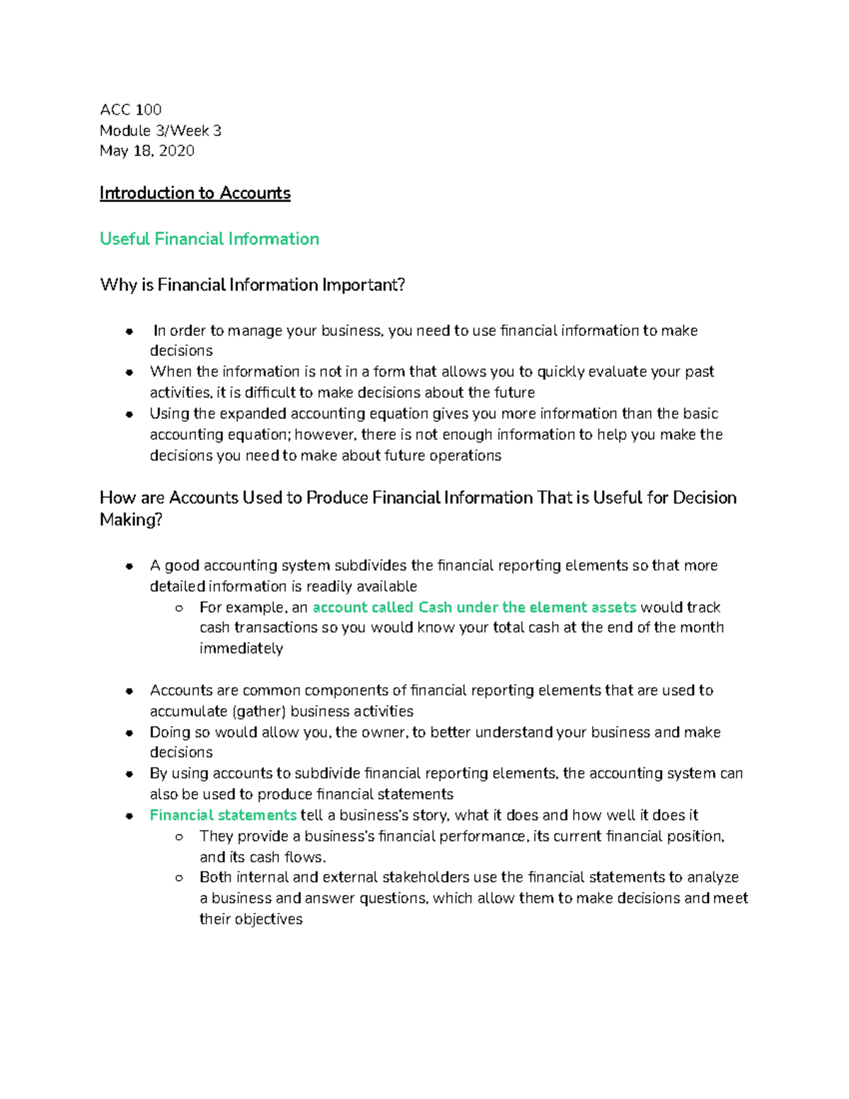 Module 3 Week 3 - notes for ACC 100 - ACC 100 Module 3/Week 3 May 18 ...