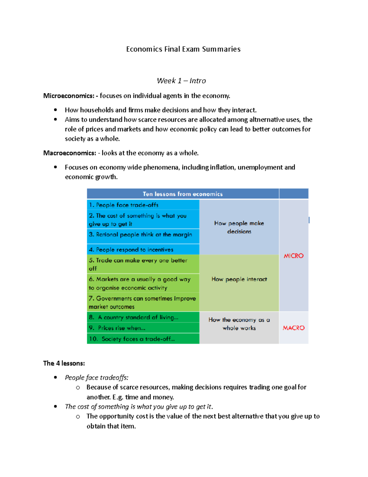Economics Exam Summaries - Economics Final Exam Summaries Week 1 Intro ...
