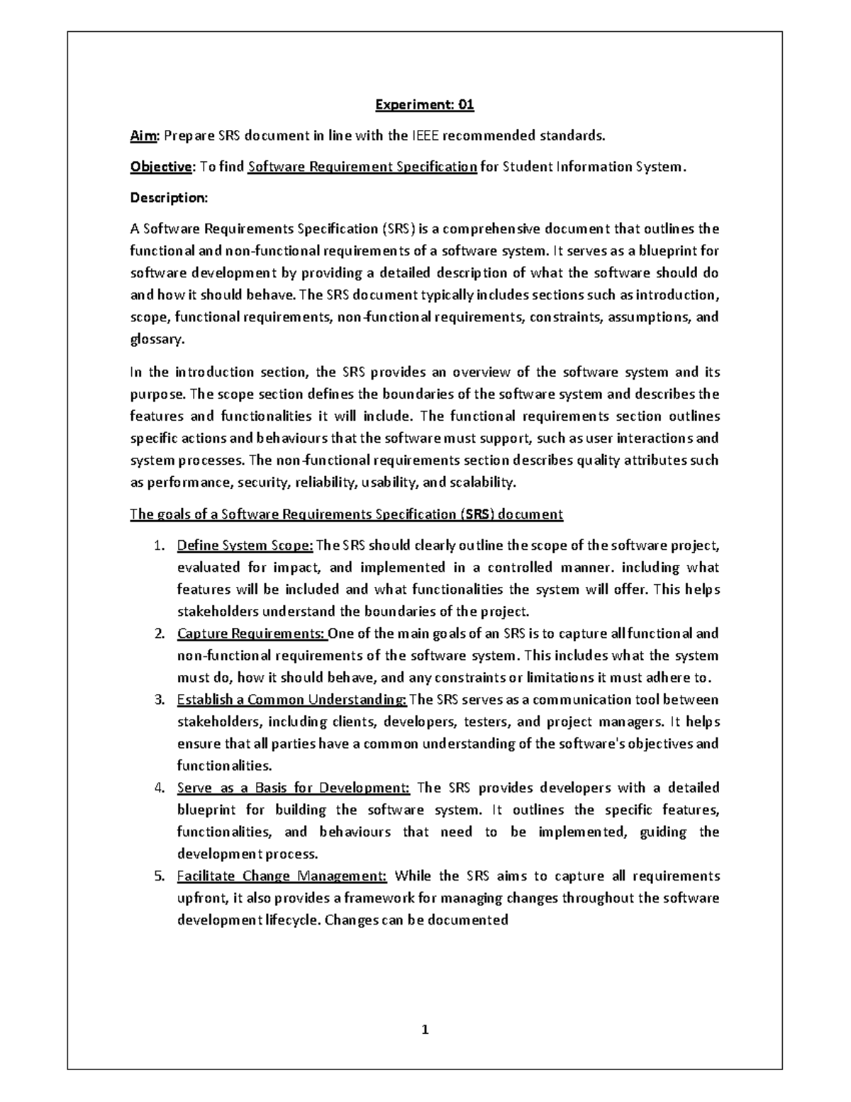 SE experiment 2 - Experiment: 01 Aim: Prepare SRS document in line with ...