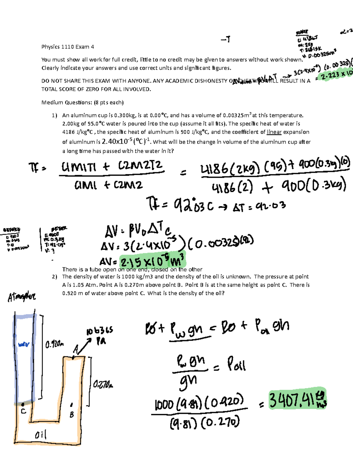 Physics 1110 Exam 4 Night - Physics 1110 Exam 4 You must show all work ...