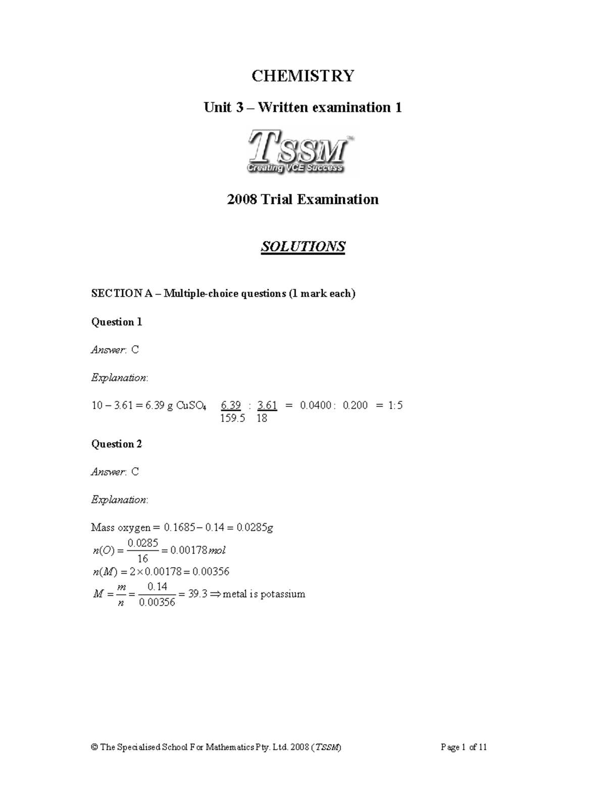 2008 tssm unit 3 solutions - CHEMISTRY Unit 3 ñ Written examination 1 ...