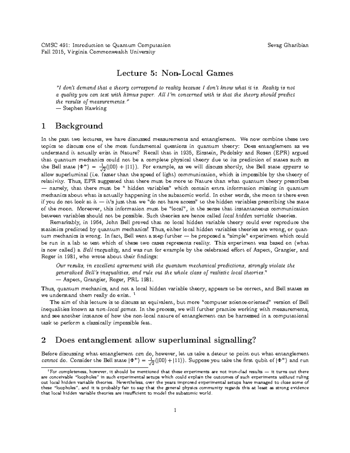 Lecture 5 Non Local Games Cmsc 491 Introduction To Quantum Computation Sevag Gharibian Fall