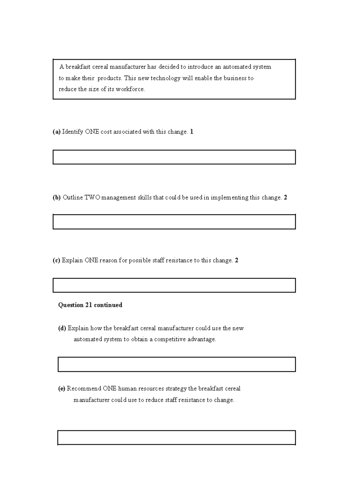 2021 PEM paper - SA and ER - A breakfast cereal manufacturer has ...
