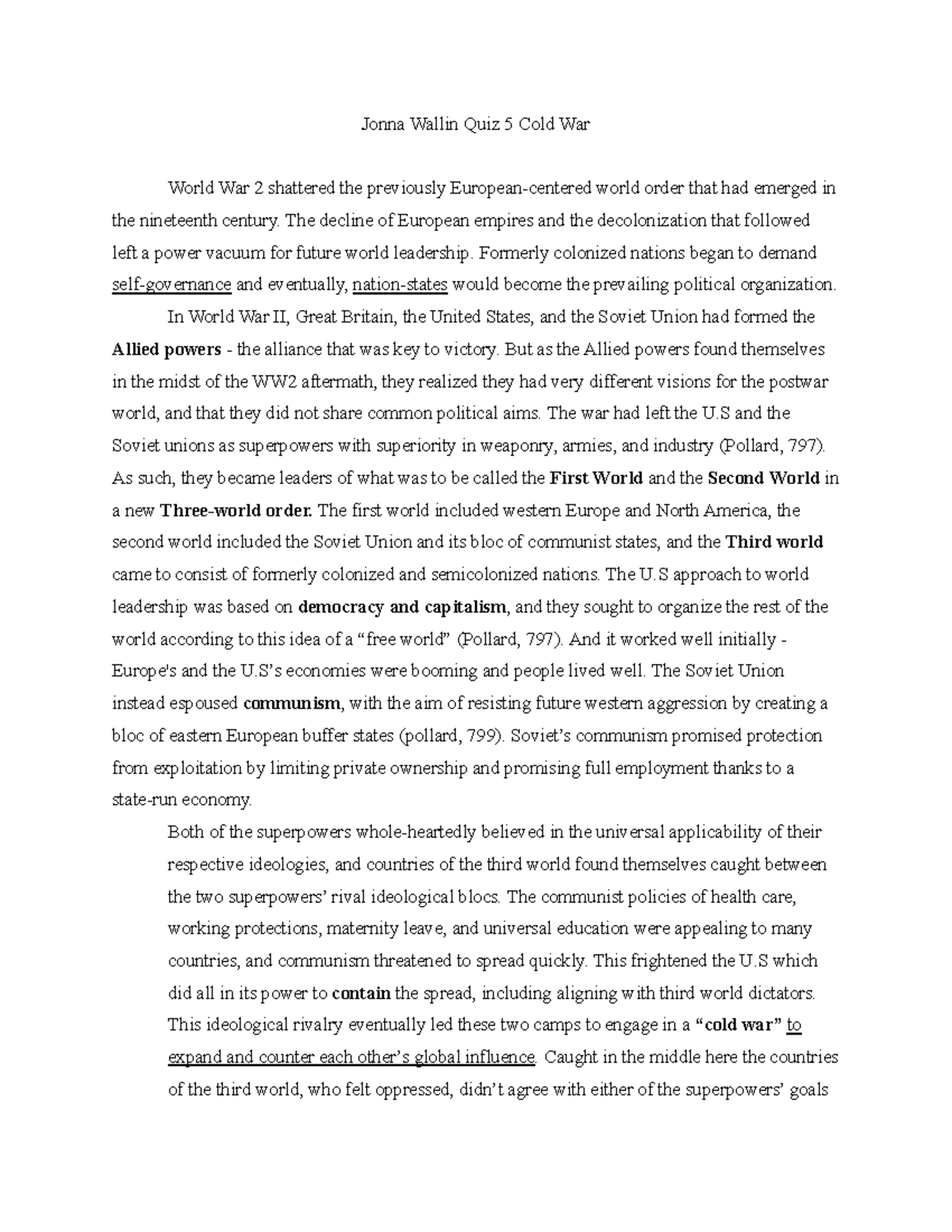 HIST101 Quiz 5 Cold War - assigment - Jonna Wallin Quiz 5 Cold War ...