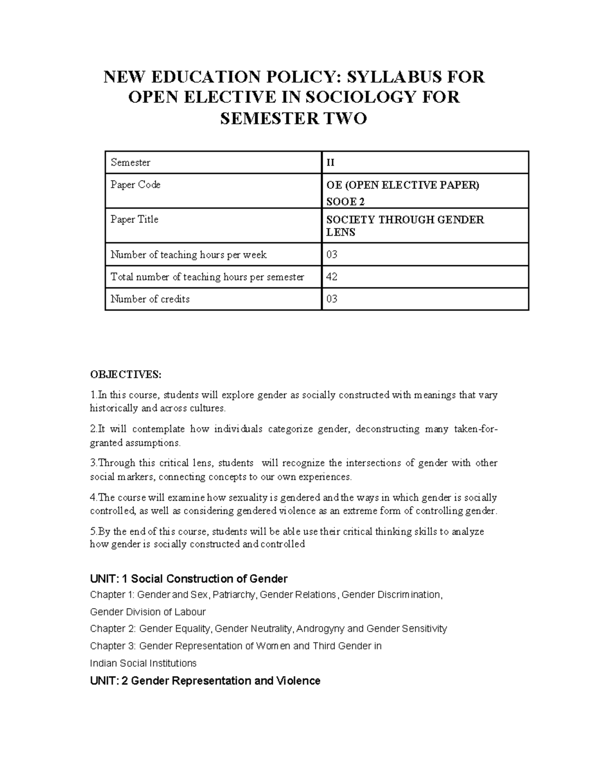 Society Through Gender Lens - NEW EDUCATION POLICY: SYLLABUS FOR OPEN ...