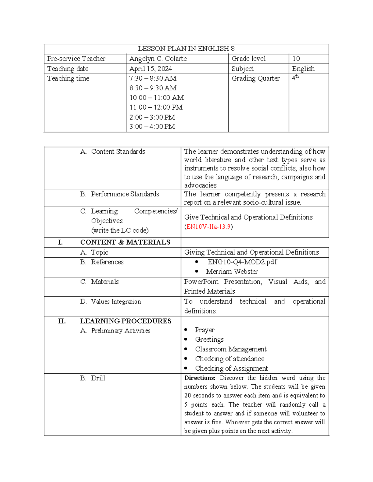 GIVE Technical AND Operational Definition - LESSON PLAN IN ENGLISH 8 ...
