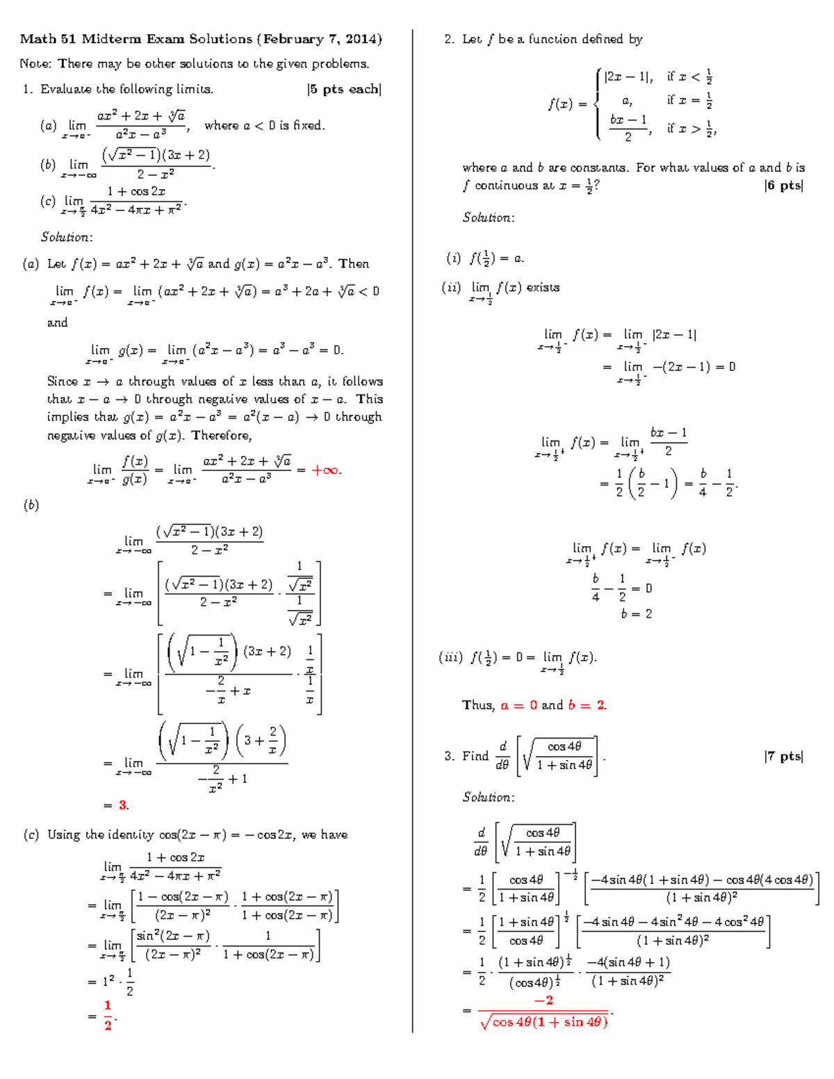 51 midterm 2013-2014 2nd soln 2 - Math 51 Midterm Exam Solutions ...