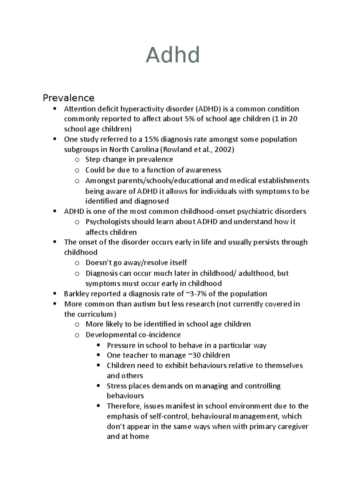 ADHD - Lecture notes 1 - Adhd Prevalence Attention deficit ...