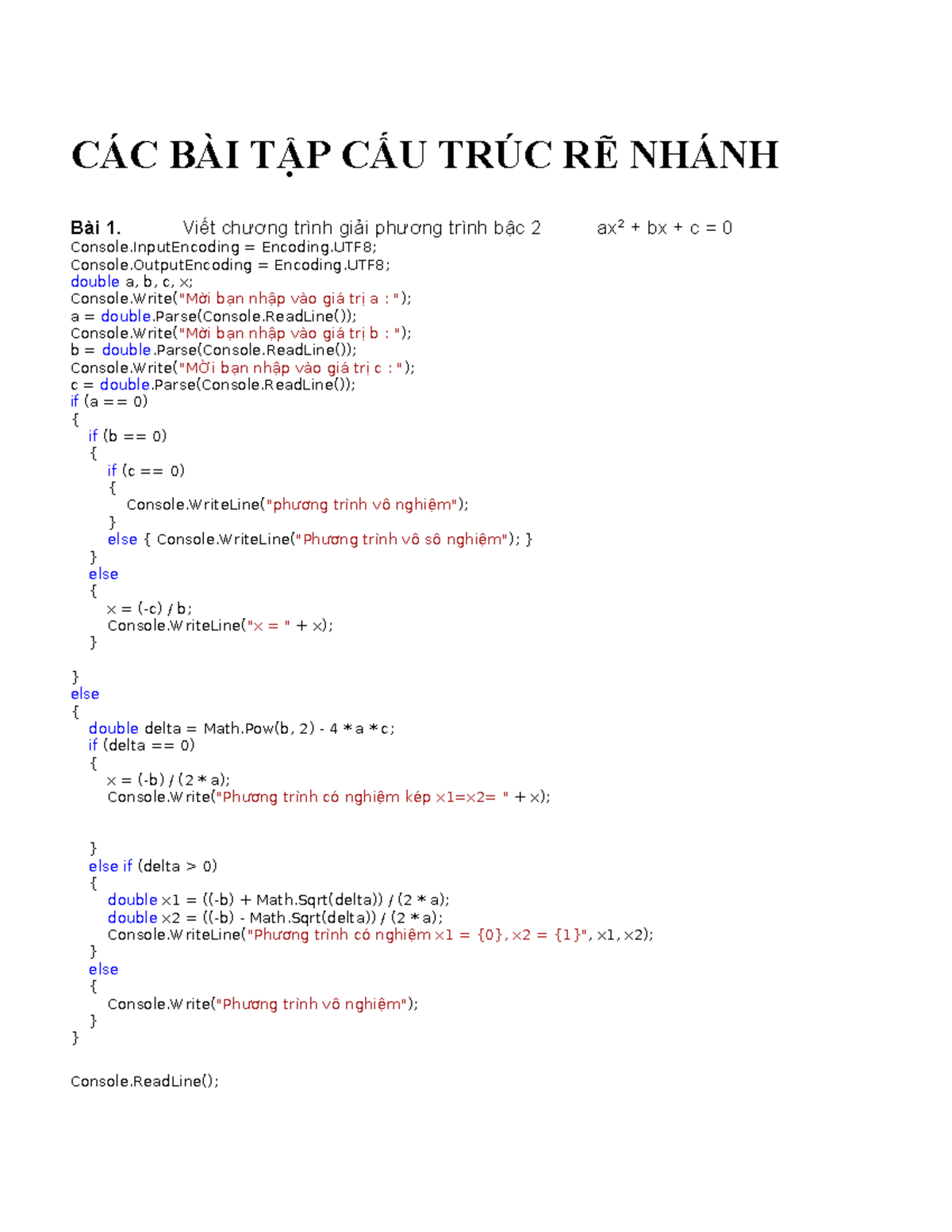 Bai Tap Re Nhanh - Bài tập if else - CÁC BÀI TẬP CẤU TRÚC RẼ NHÁNH Bài 1. Viết chương trình giải ...