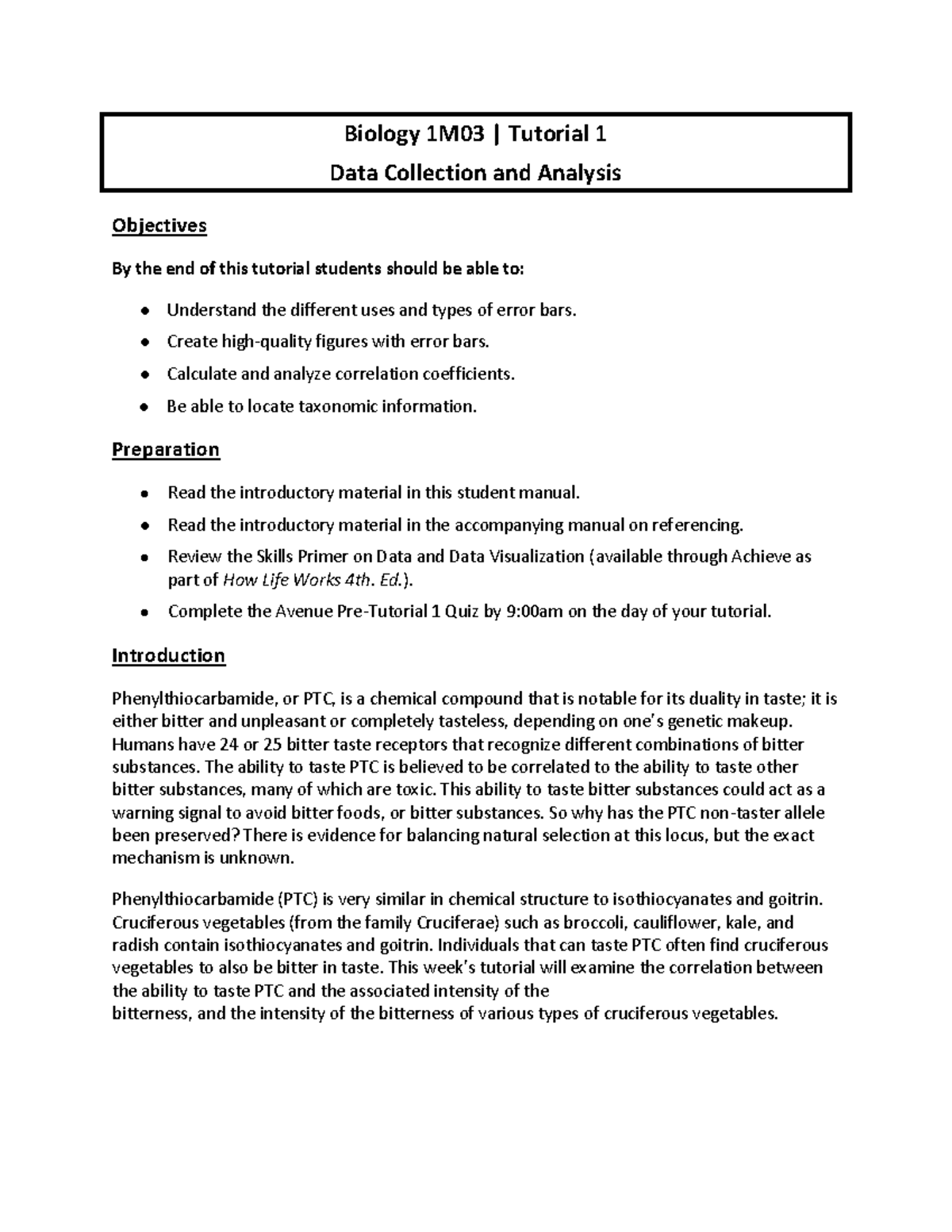 Tutorial 1 Manual - Data Collection and Analysis - W24 - Biology 1M03 | Tutorial 1 Data ...