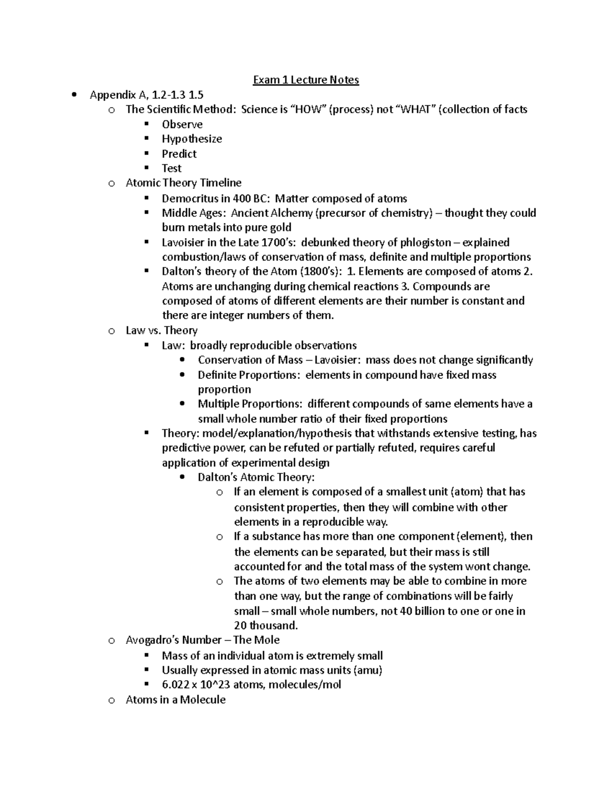 Exam 1 Lecture Notes - Atoms and Moles, Charge and Energy, Atomic ...