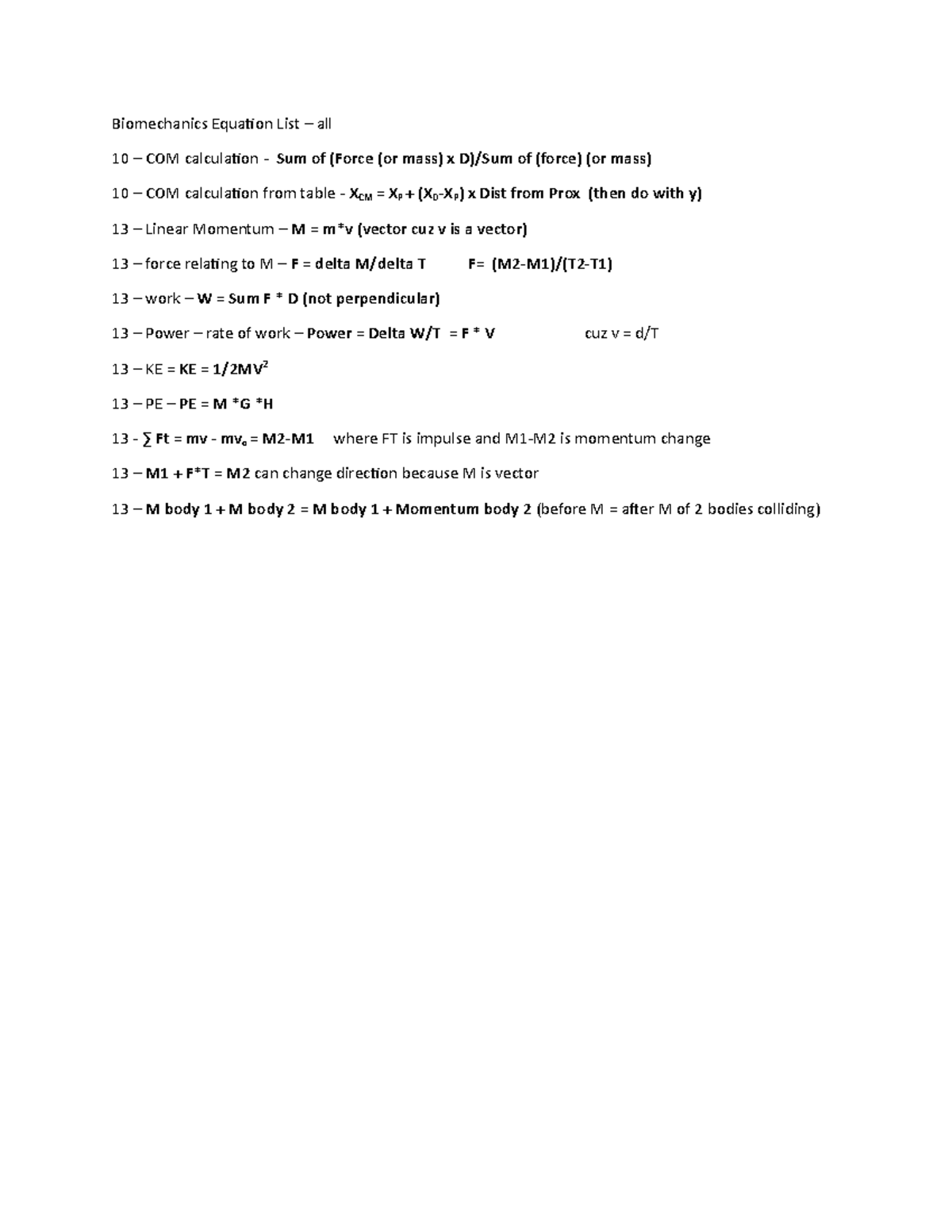 Biomechanics Equation List - Studocu