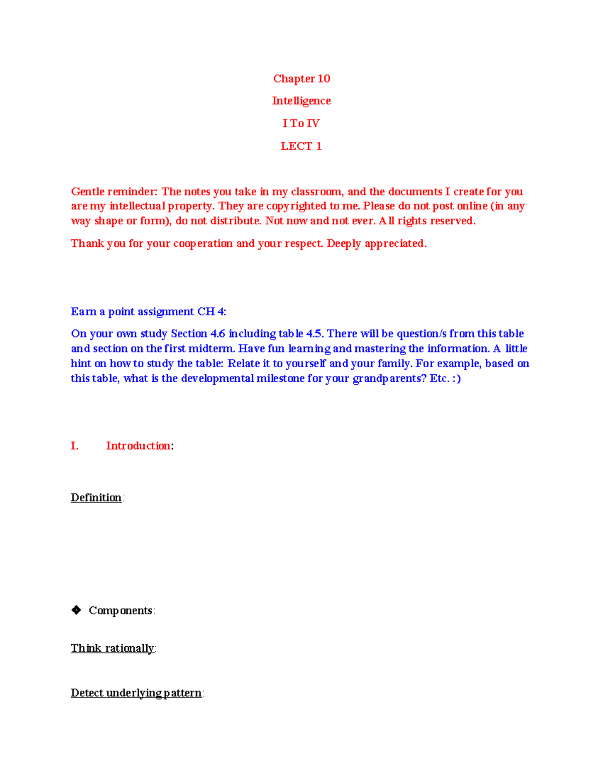 BP. Intelligence (CH. 10) LE 1 - Chapter 10 Intelligence I To IV LECT 1 Gentle reminder: The ...