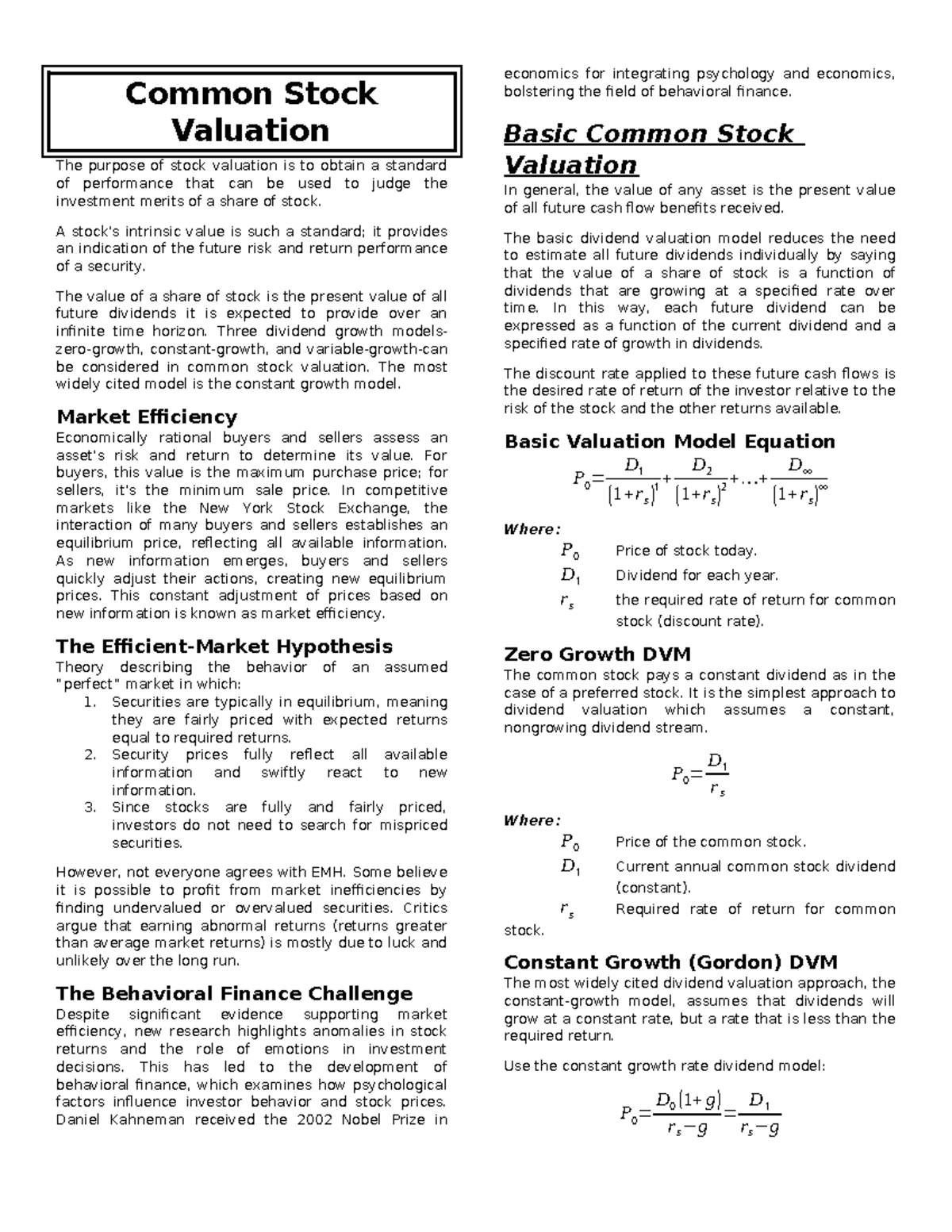 Module 2 - Valuation - Common Stock Valuation ####### The purpose of ...