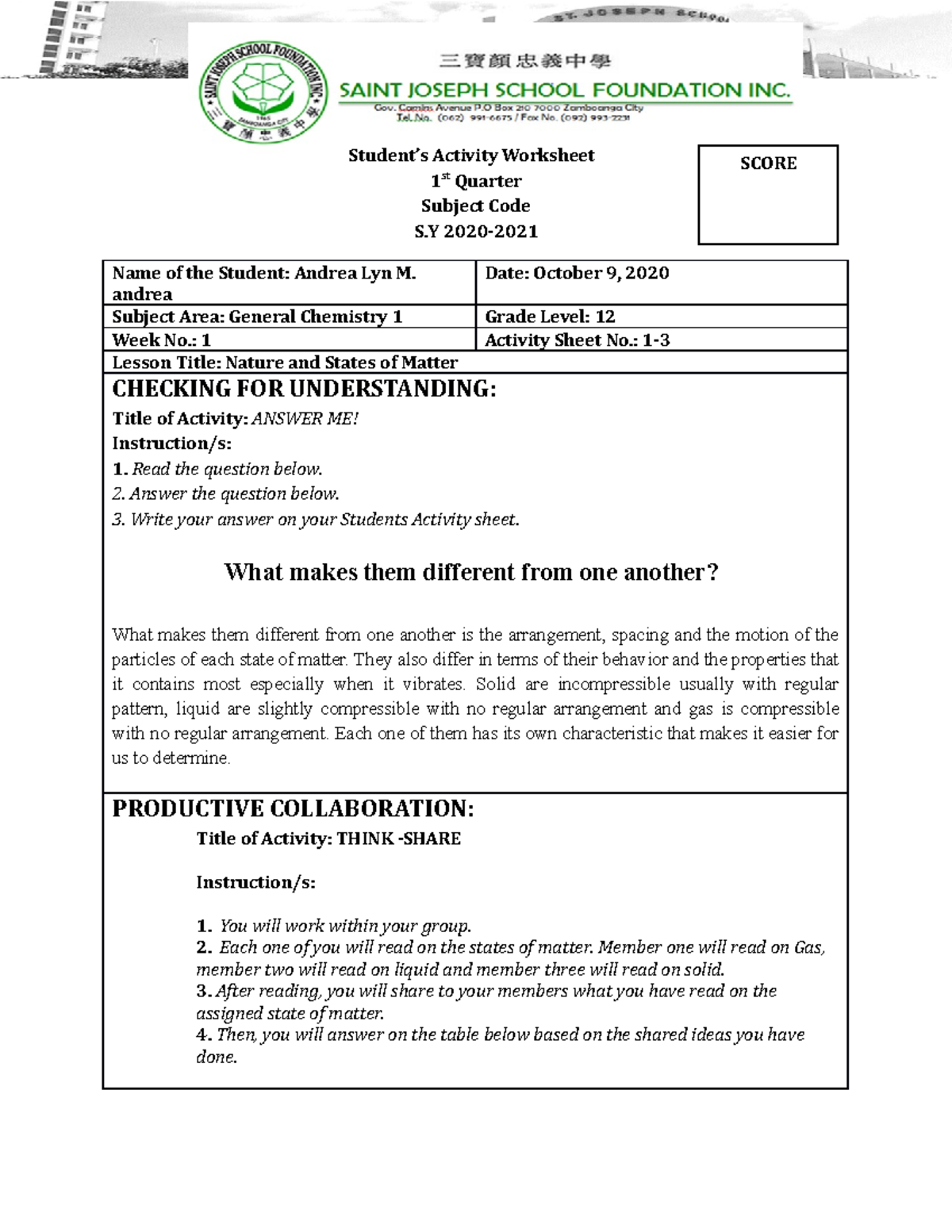 I am sharing 'Student' with you - Student’s Activity Worksheet 1 st ...