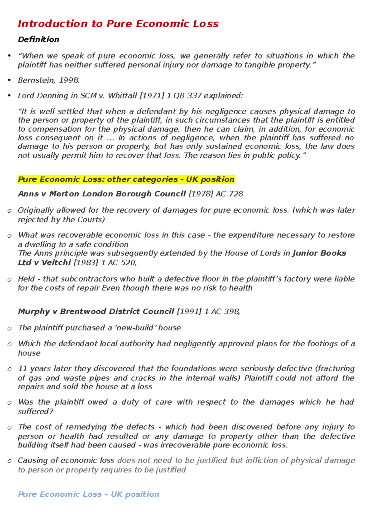 Law of Torts Topic 4 - Lecture notes 4 - Introduction to Pure Economic ...