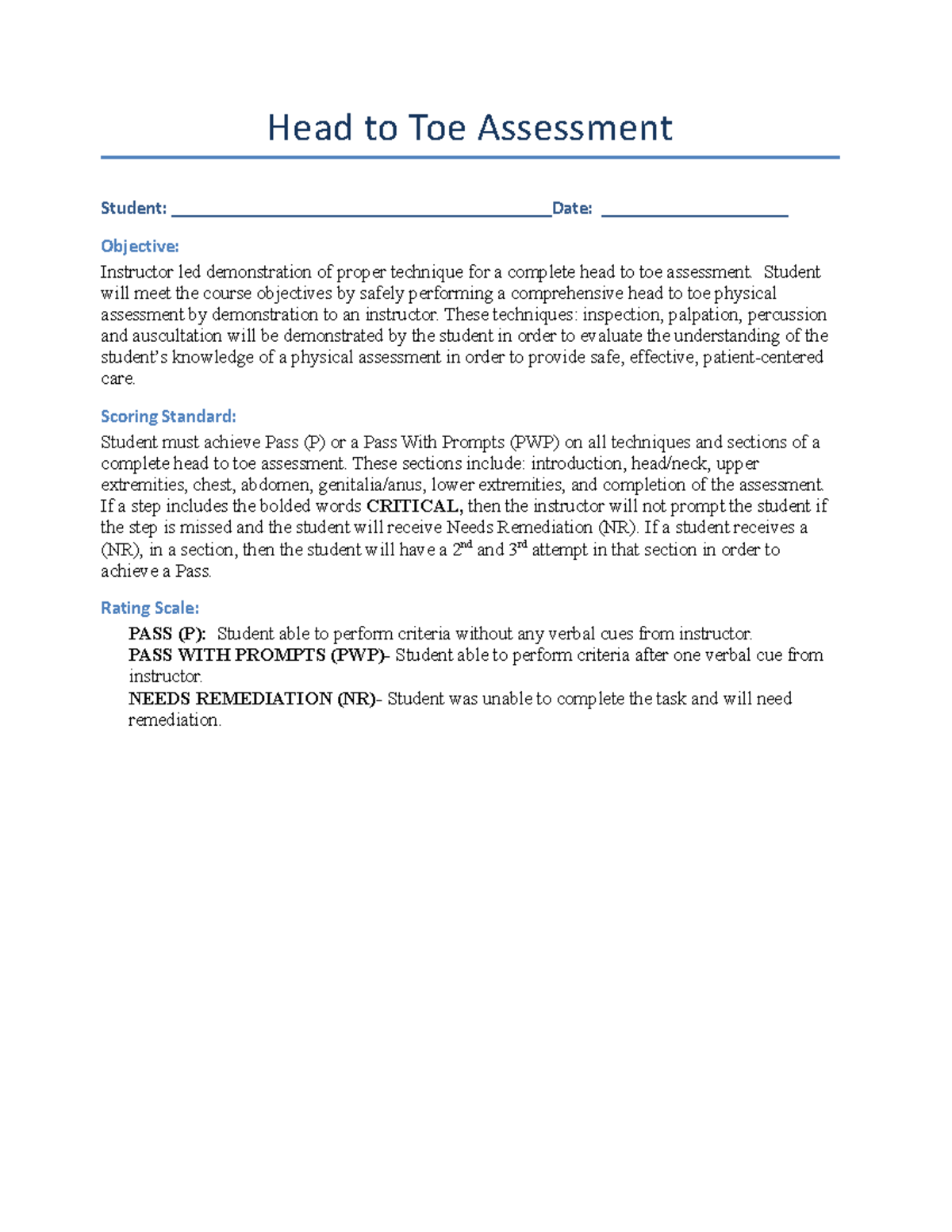 Head to Toe Assessment-Revised 2021 - Head to Toe Assessment Student ...