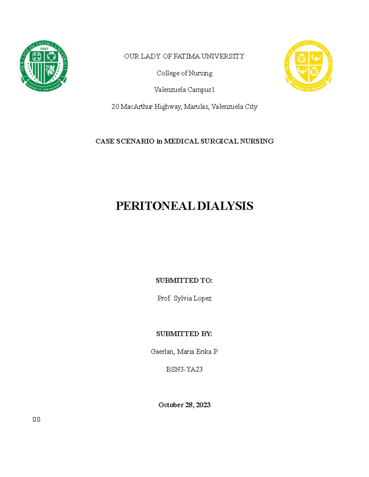 OUR LADY OF Fatima University - OUR LADY OF FATIMA UNIVERSITY College of Nursing Valenzuela ...